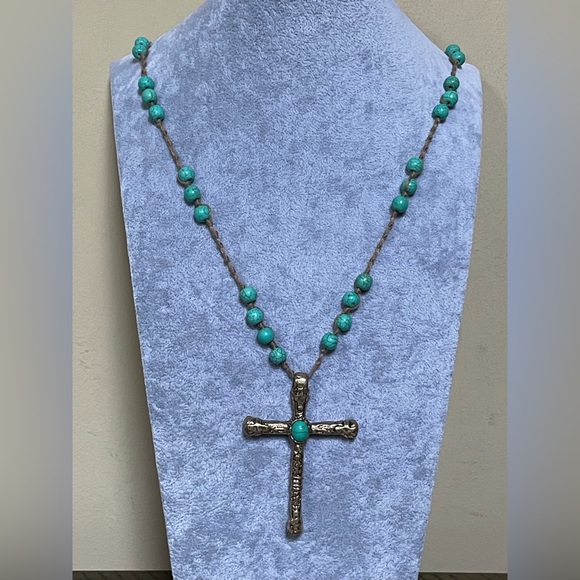 Jewelry | Brass Color Cross Pendant Turquoise Stone Bead Necklace ...
